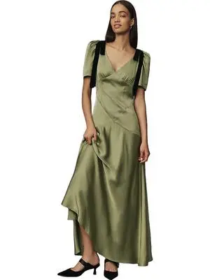 MARE MARE Bree Puff-sleeve V-neck Satin Slip Midi Dress - Olive