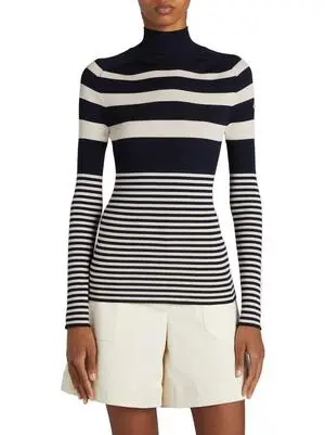 Moncler Stripe Virgin Wool Rib Mock Neck Sweater - White/ Blue