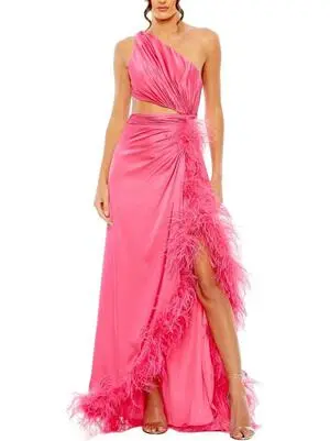 Mac Duggal One-shoulder Feather Gown - Hot Pink