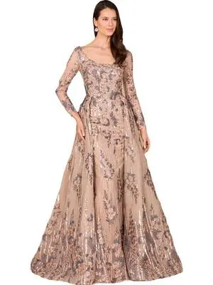 LARA NEW YORK Long Sleeve Lace Gown With Overskirt - Tan