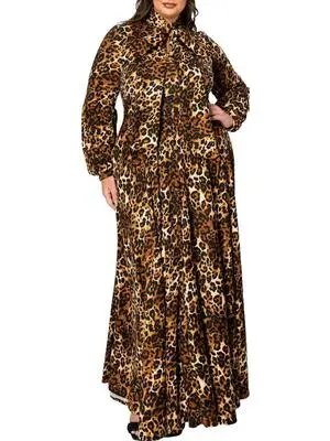 L I V D Luciana Leopard Print Maxi Dress With Tie Neck - Taupe