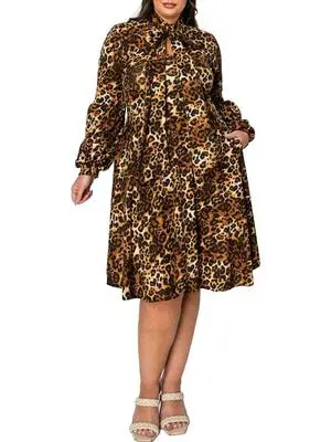 L I V D Zayleigh Leopard Print Tie Neck Long Sleeve Dress - Taupe