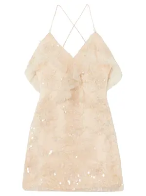 Aje Iridescence Ruffled Beaded Tulle Mini Dress - Cream