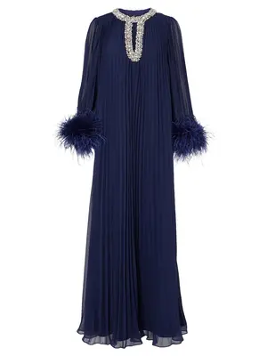 SELF-PORTRAIT Plissé Feather-trimmed Maxi Dress - Blue