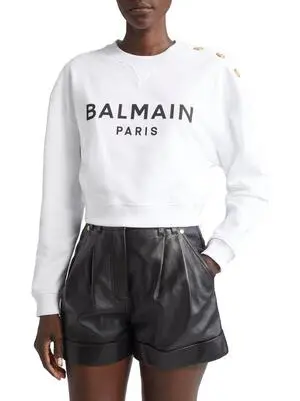 Balmain Crop Logo Graphic Sweatshirt - Gab White/ Blk