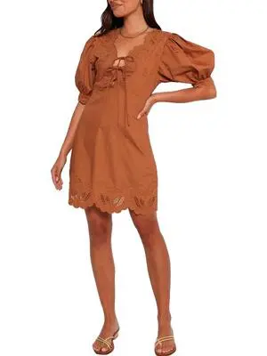 PETAL & PUP Rhodes Embroidered Mini Dress - Brown