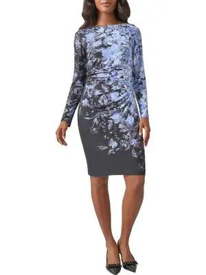 Kasper Long Sleeve Boat Neck Side Ruched Jersey Dress - Black Multi - 30%  Off | Editorialist