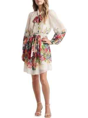 Julia Jordan Floral Print Tie Neck Long Sleeve Dress - Ivory Multi
