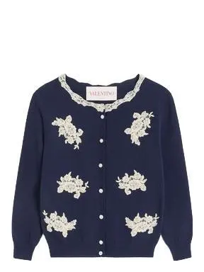 Valentino Garavani Embroidered Wool And Lace Cardigan - Blue