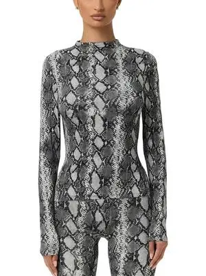Naked Wardrobe Print Turtleneck Top - Grey Snakeskin
