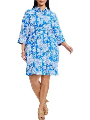 Foxcroft Rocca Floral Print Belted Shirtdress - Cobalt Blue/ White