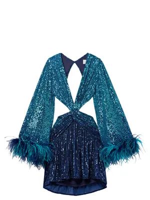 PatBO Alessandra Ambrosio Cutout Feather-trimmed Sequined Tulle Mini Dress - Blue