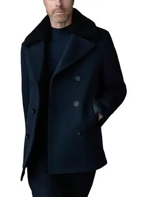 Mackage Wool Shearling Collar Pea Coat - Navy