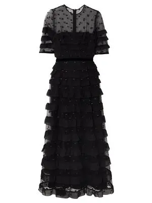 Costarellos Velvet-trimmed Point D'esprit And Ruffled Chiffon Midi Dress - Black