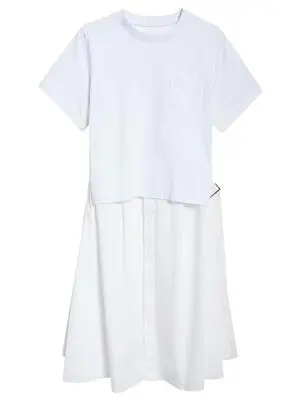 Sacai Mixed Media Poplin & Jersey Midi Dress - Off White