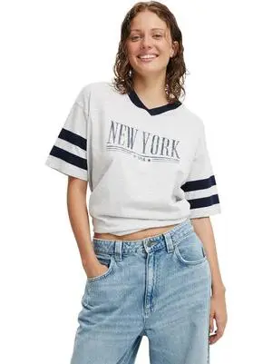 COTTON ON Oversized V-Neck Graphic Tee Soft Grey Marle  New York