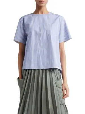 Sacai Mixed Media Poplin & Chiffon Top - Blue Stripe 458