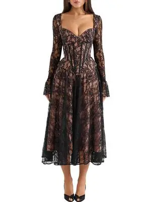 House Of Cb Raquel Long Sleeve Lace Corset Dress - Black
