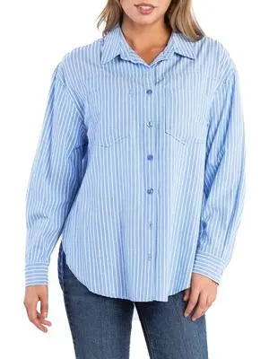 BILLY T Stripe Linen Blend Button-up Shirt - Denim Blue Stripes