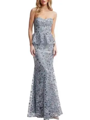 Dress The Population Scarlett Sequin Floral Gown - Graphite Blue Multi