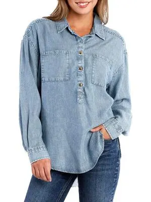 BILLY T Railroad Stripe Cotton Popover Shirt - Indigo Rr Stripe
