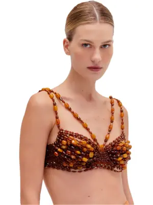 PatBO Dune Jersey Beaded Top - Brown / Neutral