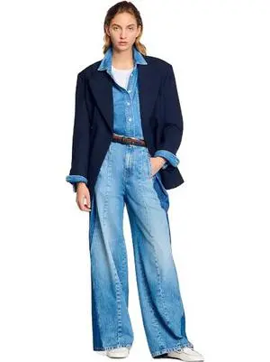 Sandro Wide-leg Jeans With Contrasting Panels - Blue