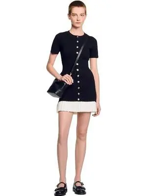 Sandro Knit Mini Dress With Ruffle - Black