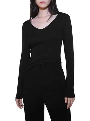 Mango MANGO Fitted V-Neck Long Sleeve Top Black