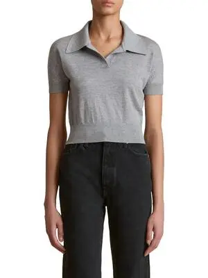 Khaite Morgane Crop Wool Blend Polo Sweater - Mercury
