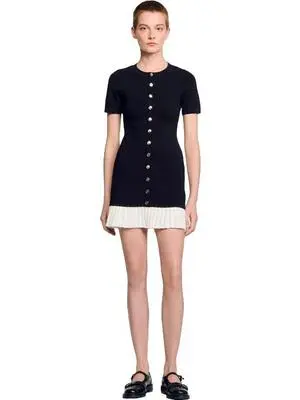 Sandro Mini Knit Dress With Ruffle - Black / Ecru