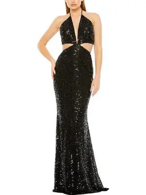 Mac Duggal Cut-out Halter Sequin Gown - Black