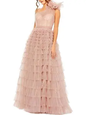 Mac Duggal One-shoulder Feathered A-line Gown - Dusty Rose