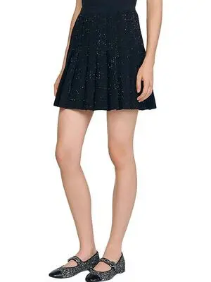 Sandro Short Tweed Pleated Skirt - Black