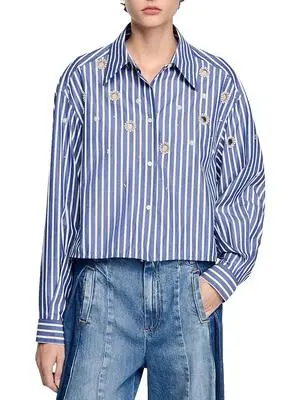Sandro Striped Beaded Shirt - Blue