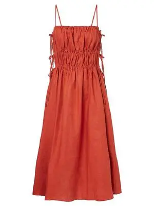 Asceno Eze Ruched Linen Midi Dress - Orange