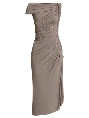 Alaïa Asymmetric Ruched Off-shoulder Midi Dress - Taupe