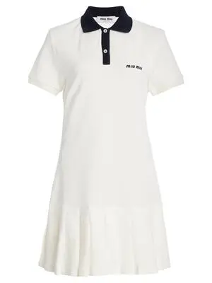 Miu Miu Pleated Cotton Piqué Polo Mini Dress - White
