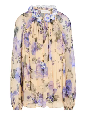 Zimmermann Embellished Floral-print Silk-crepon Blouse - Sand
