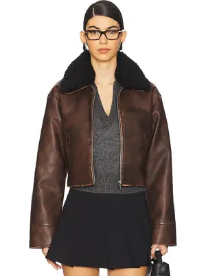 MORE TO COME Lexi Faux Leather Jacket - Distressed Brown