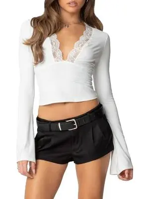 EDIKTED Tina Lace Trim Plunge Neck Top - White