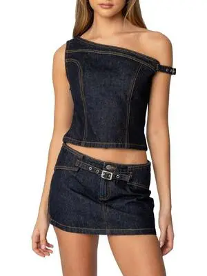 EDIKTED Keira Denim One-shoulder Top - Dark-blue