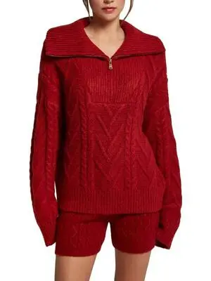 CRESCENT Front Zip Cable Knit Sweater - Ruby