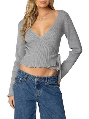 EDIKTED Paden Rib Knit Wrap Top - Gray-melange