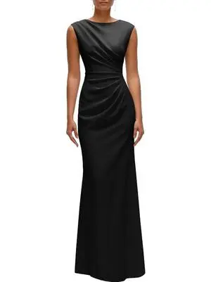 After Six Ruched Cap Sleeve Crepe Trumpet Gown - Black