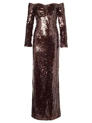 SELF-PORTRAIT Off-shoulder Sequin Gown - Brown