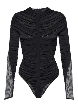 MUGLER Sheer Ruched Bodysuit - Black