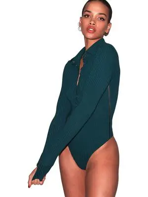 Fleur Du Mal Rib Collared Bodysuit - Evergreen