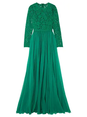 Dolce & Gabbana Silk-blend Lace And Pleated Chiffon Gown - Green