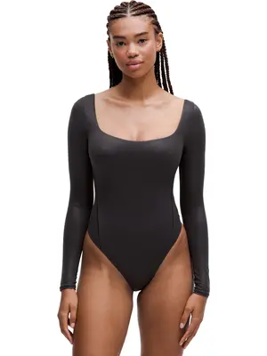 Lululemon Wundermost Ultra-soft Nulu Square-neck Long-sleeve Bodysuit - Luxe Shine Foil Print Black